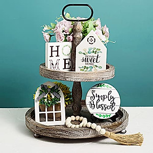 6 Pcs Wooden Farmhouse Tiered Tray Decor Home Sweet Simply Blessed Tray Decor Wooden Beads Garland (Tiered Tray and Artificial Plant Not Included)