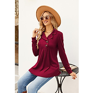 Newchoice Women Fall Long Sleeve Shirts Tops，Casual Winter Clothing Collar V Neck Tunics Or Tops To Wear With Leggings(Berry Red.M)