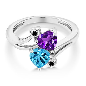 Gem Stone King 925 Sterling Silver Purple Amethyst Swiss Blue Topaz and Black Diamond Ring For Women | 1.63 Cttw | Heart Shape 6MM | Gemstone Birthstone | Available In Size 5, 6, 7, 8, 9