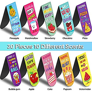 30 Pieces Assorted Scented Magnetic Bookmarks Scratch and Sniff Fruit Food Theme Bookmarks Encouraging Sayings Bookmarks Cute Bookmarks for Kids, Students, Teens, 10 Styles (Classic)
