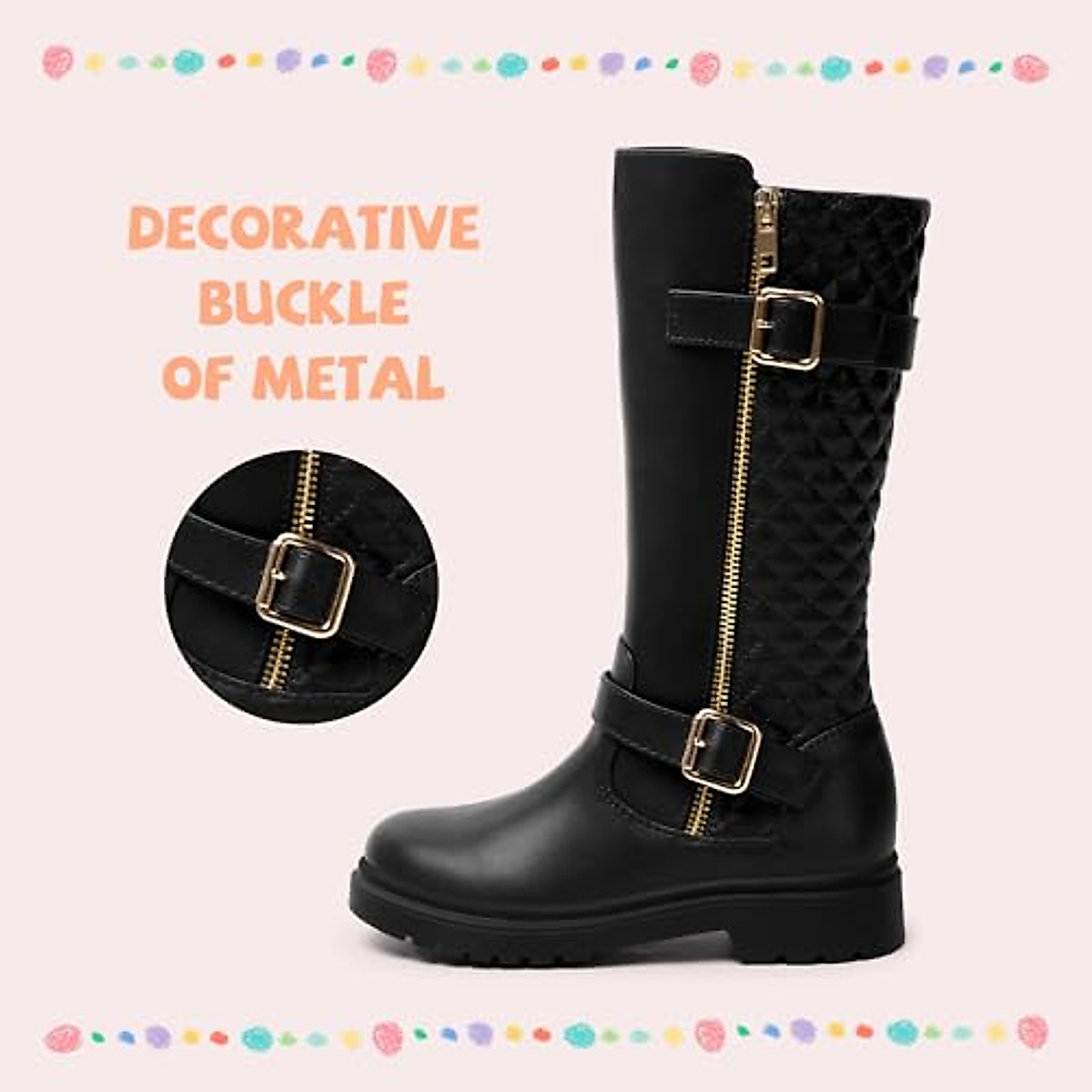 Athlefit Girls Riding Boots Fashion Buckle Side Zipper Knee High Boots for Toddler/Little Kid/Big Kid Black Size 2