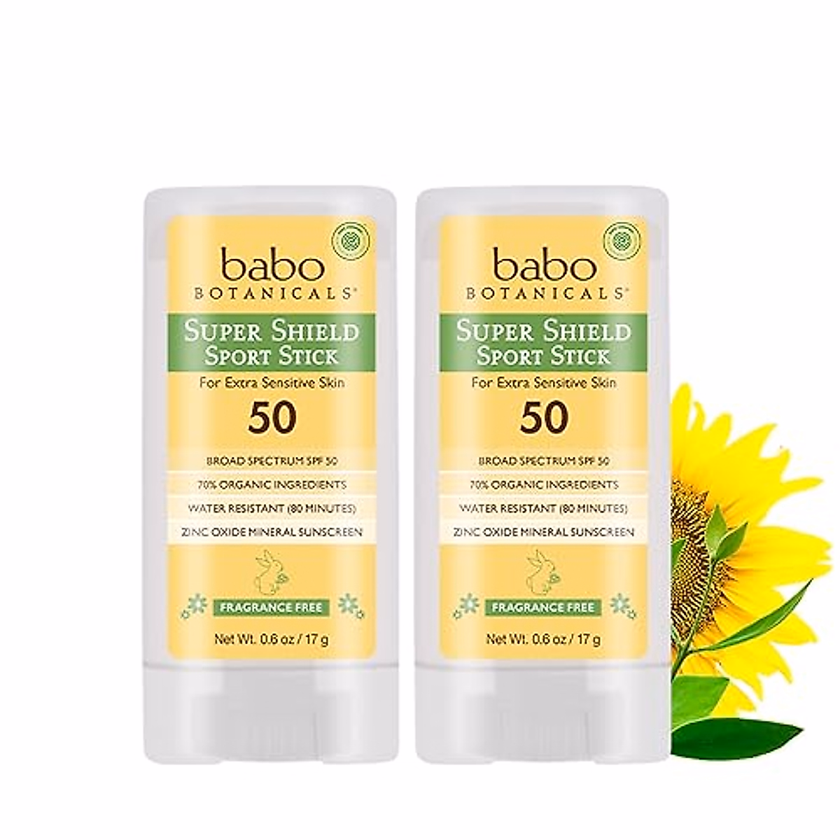 Babo Botanicals Super Shield SPF 50 Stick Sunscreen - 70% Organic Ingredients - Natural Zinc Oxide - For all ages - NSF & MADE SAFE Certified - EWG Verified - Water Resistant - Fragrance-Free - 2-Pack