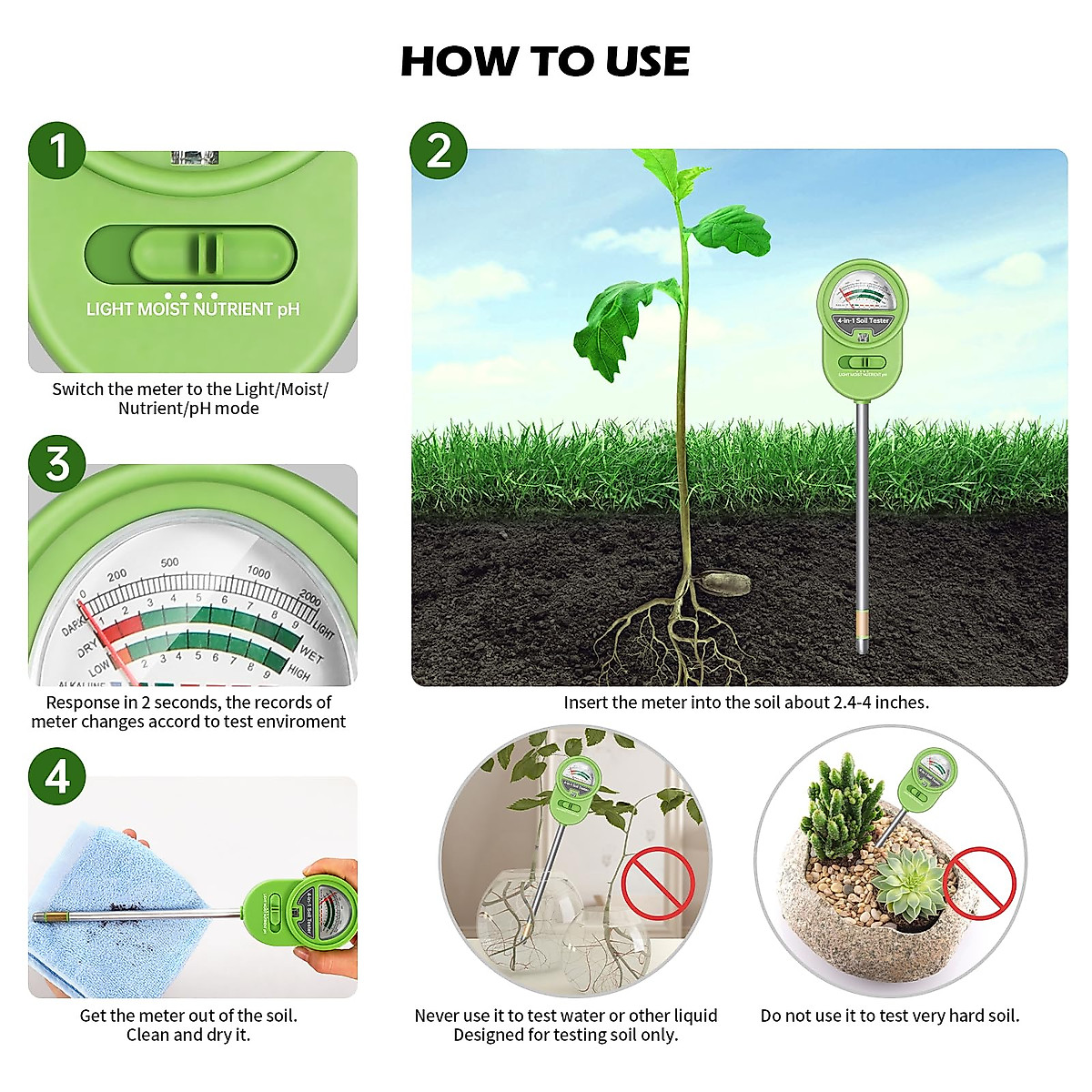 Soil Moisture Meter 4-in-1 Soil Ph Meter Water Monitor Soil Moisture/Light/Nutrients/pH Meter for Gardening Lawn Farming Indoor & Outdoor Promote Plants Healthy Growth No Batteries Required (Green)
