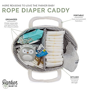 Parker Baby Rope Diaper Caddy Organizer - Nursery Storage Bin and Car Organizer for Diapers and Baby Wipes - Diaper Organizer for Baby Essentials, Baby Shower Gifts - Gray