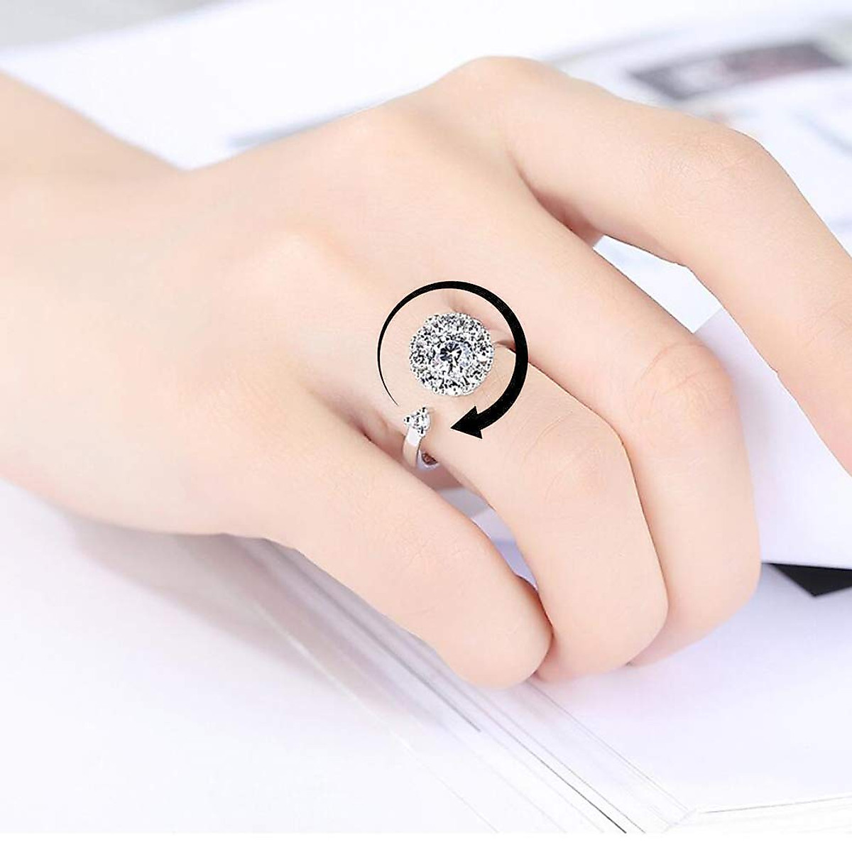 Bling Toman Womens Anxiety Ring 925 Sterling Silver Fidget Ring With Cubic Zircon Adjustable Stress Spinner Anxiety Ring for Women(Silver Band Ring)