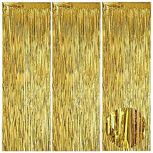 AIBIIN 3 Pack Gold Foil Fringe Curtains - 3.3x6.6ft Gold Streamers Backdrop Curtains for Party Decorations, Graduation, Wedding, Birthday, Bachelorette, New Year, Photo Shoot Props