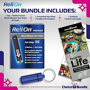 ReliOn Reli On Premier Blood Glucose Test Strips 50 Ct Choice Bundle | + Food for Life Guide & Portable Pill Container (3 Items)!