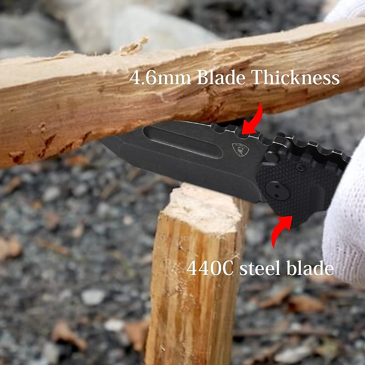 AUBEY Folding Pocket Knife with Tanto Tumbled Black 440C Steel Blade, Liner Lock, G10 Steel Handle, Clip, Glass Breaker, EDC Tool Knife for Men Hunting, Magic Axe