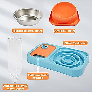 BNOSDM Triple Dog Cat Food Bowls with Gravity Water Bottle Set, Pet Slow Feeder with Detachable Stainless Steel - Tilted Raised No Spill Dog Bowls for Cat Kitten Puppy