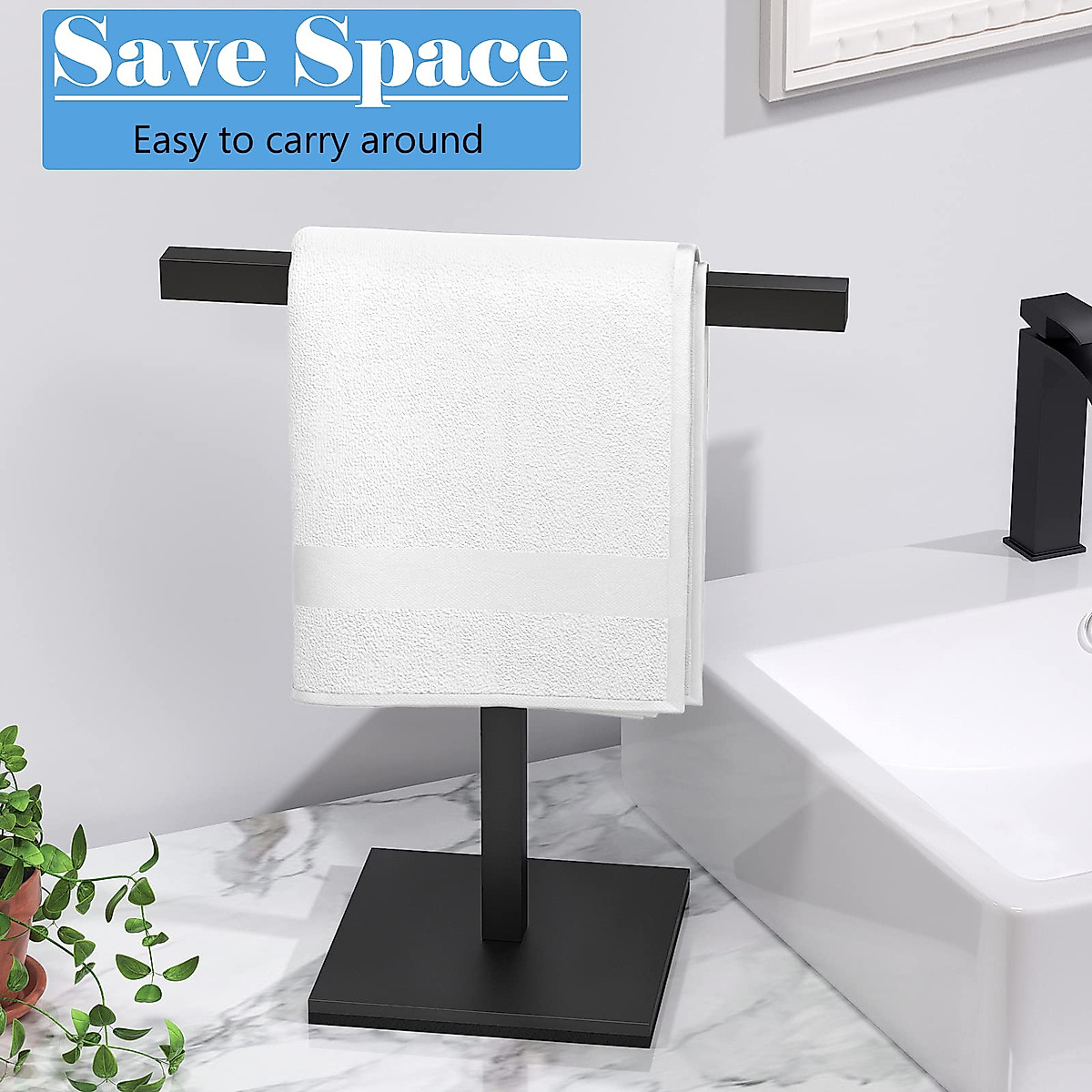 Pynsseu Hand Towel Holder Stand, Matte Black SUS304 Stainless Steel Freestanding T-Shape Towel Bar Rack for Bathroom Kitchen Vanity Countertop