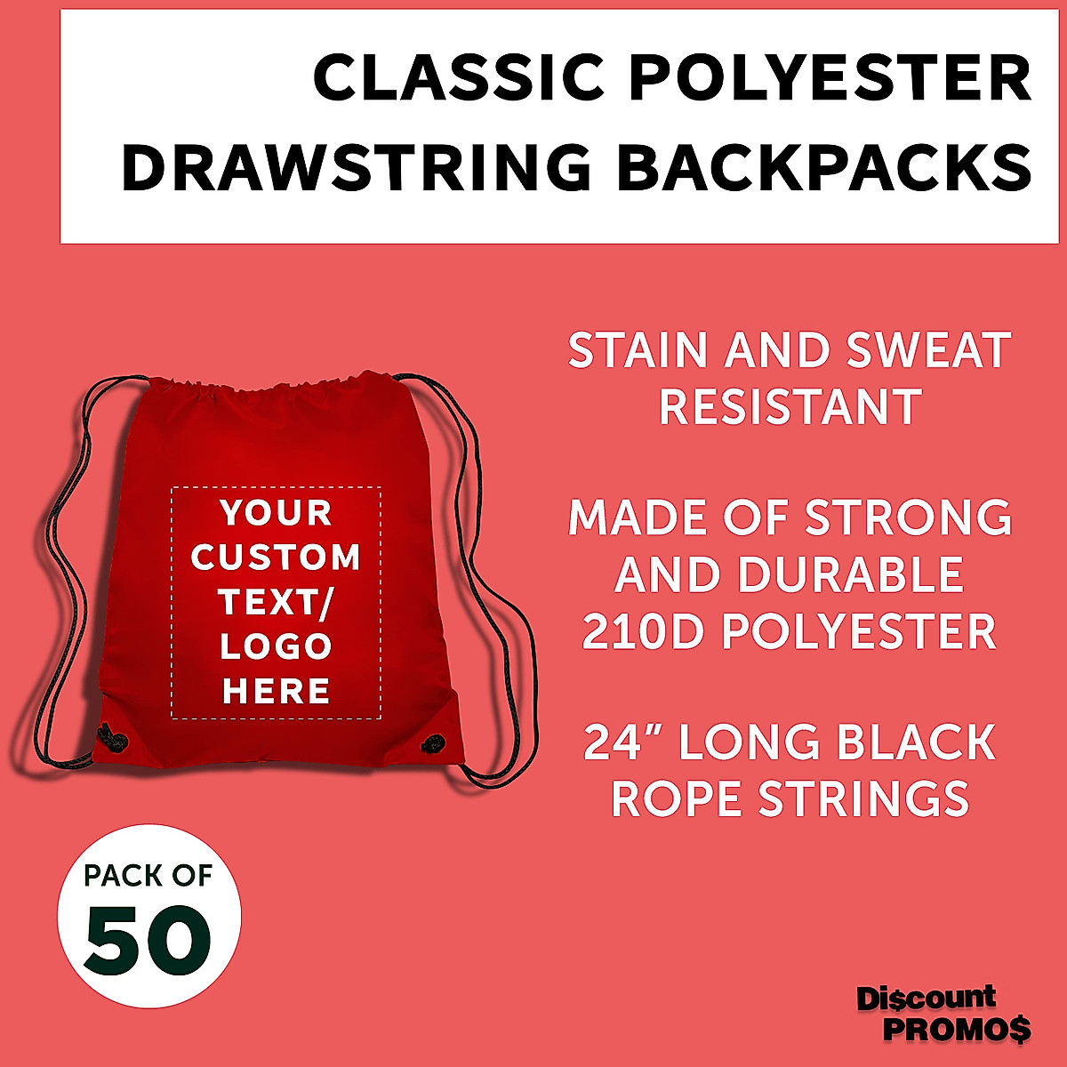 DISCOUNT PROMOS Custom Classic Polyester Drawstring Bags Set of 50, Personalized Bulk Pack - Bring Everywhere You Go, Great for Travelling, Gym and for Everyday Use - Red