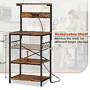SUPERJARE Kitchen Bakers Rack with Power Outlet, Coffee Bar Table 4 Tiers, Kitchen Microwave Stand with 6 S-shaped Hooks, Kitchen Storage Shelf Rack for Spices, Pots and Pans - Rustic Brown