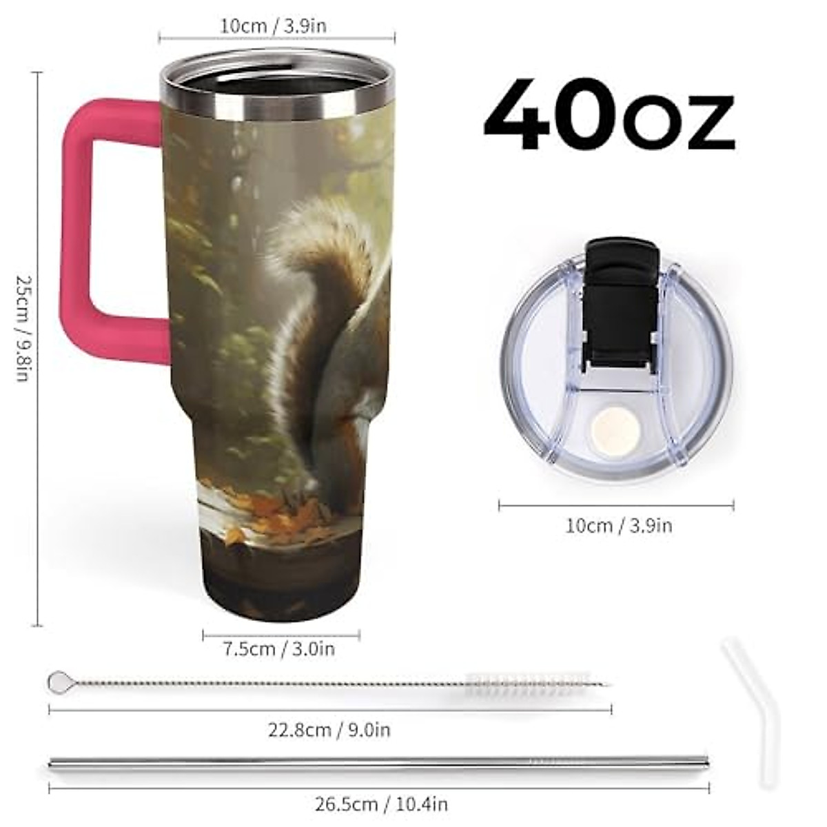 LLUTSNTH 40 Oz Vacuum Tumbler with Light Rose Red Handle Leakproof Insulated Tumbler Squirrel Eats Nuts Stainless Steel Travel Mug with Lid And Straw Coffee Cup Cute Water Bottles Cup Holder Friendly