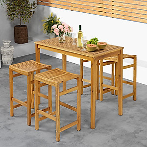 HAPPYGRILL Outdoor Wood Bar Stools Set of 2, Patio Bar Stools with Ergonomic Seat & Comfortable Footrest, Acacia Wood Bar Stools, 30-Inch Bar Height Stools for Garden Deck Balcony Poolside