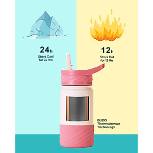 BUZIO 14oz Kids Water Bottle Stainless Steel Insulated Metal Water Bottles with Straw for Toddlers, BPA-Free Double Wall Water Flask Leak Proof Tumbler for School Boys Girls with Stickers, pink