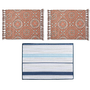 Threshold Set of 2 Native Pattern Placemats with Knotted Fringe and One Dish Mat