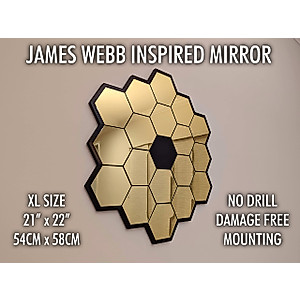 XL Space Telescope James Webb Inspired Mirror - Extra Large Size Sturdy - No Drill Damage Free Mounting Options - Home Decor Reflective Honeycomb Wall Art (Command Strip Mount)