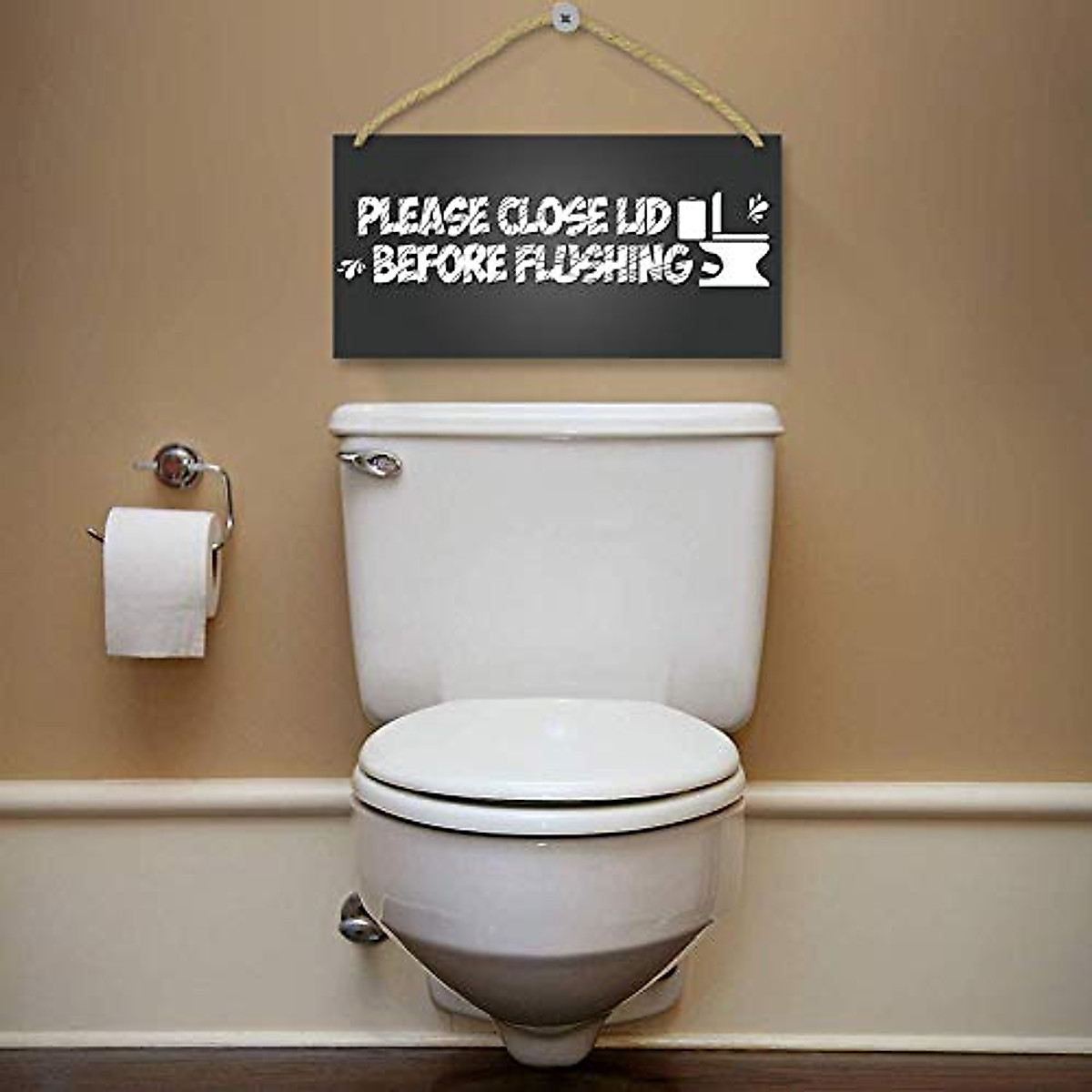 IARTTOP Bathroom Wood Sign-12.5x25cm,Toilet Warning Sign Wooden Plaque Hanging Wall Art ,Please Close Lid Before Flushing Hanging Washroom Bathroom Toilet Home Decoration