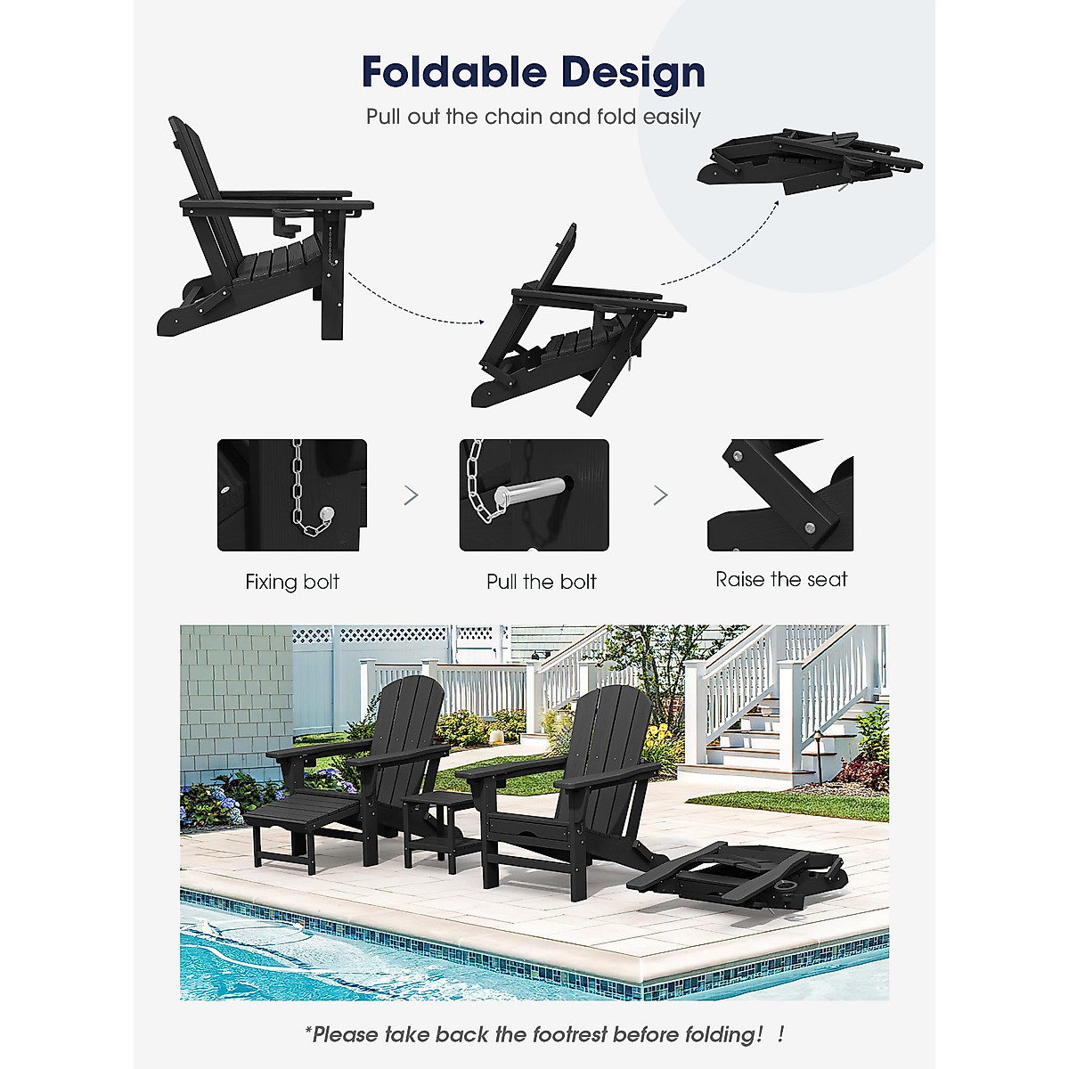 KINGYES Chair with Cup Holder, Wood-Like Reclining Versatile Adirondack Chair, Black