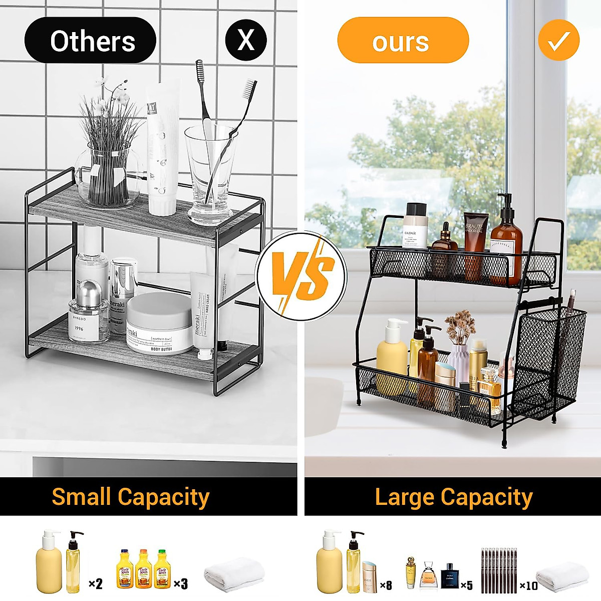 ManGotree Bathroom Countertop Organizer, 2-Tier Spice Rack Organizer, Vanity Organizer with Toiletries Basket, Kitchen Counter Organizer for Bathroom, Kitchen, Bedroom, Offices (Black)