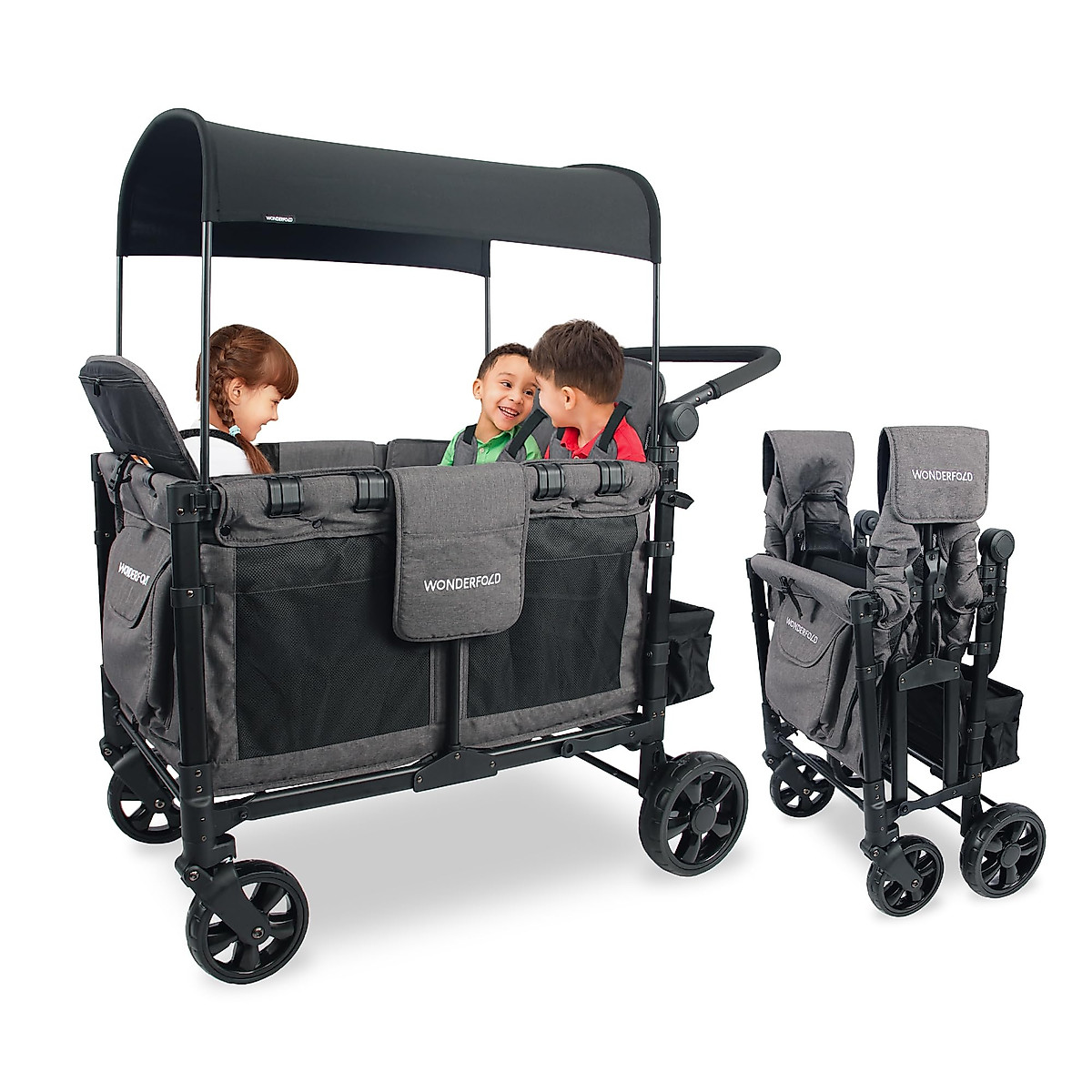 WONDERFOLD W4 Original Quad Stroller Wagon Featuring 4 High Face-to-Face Seats with 5-Point Harnesses, Easy Access Front Zipper Door, and Removable UV-Protection Canopy, Black