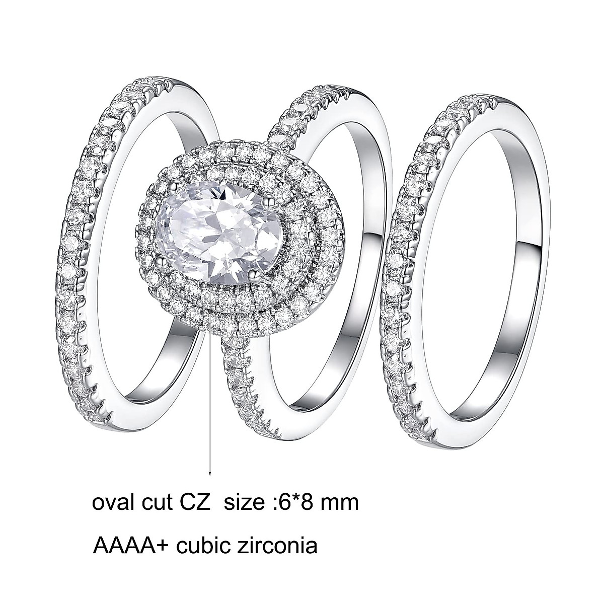 LGYIC 18K White Gold Plated Three-in-One Oval Cut Cubic Zirconia Ring Halo Wedding Engagement Bride Rings Set for Women (10)