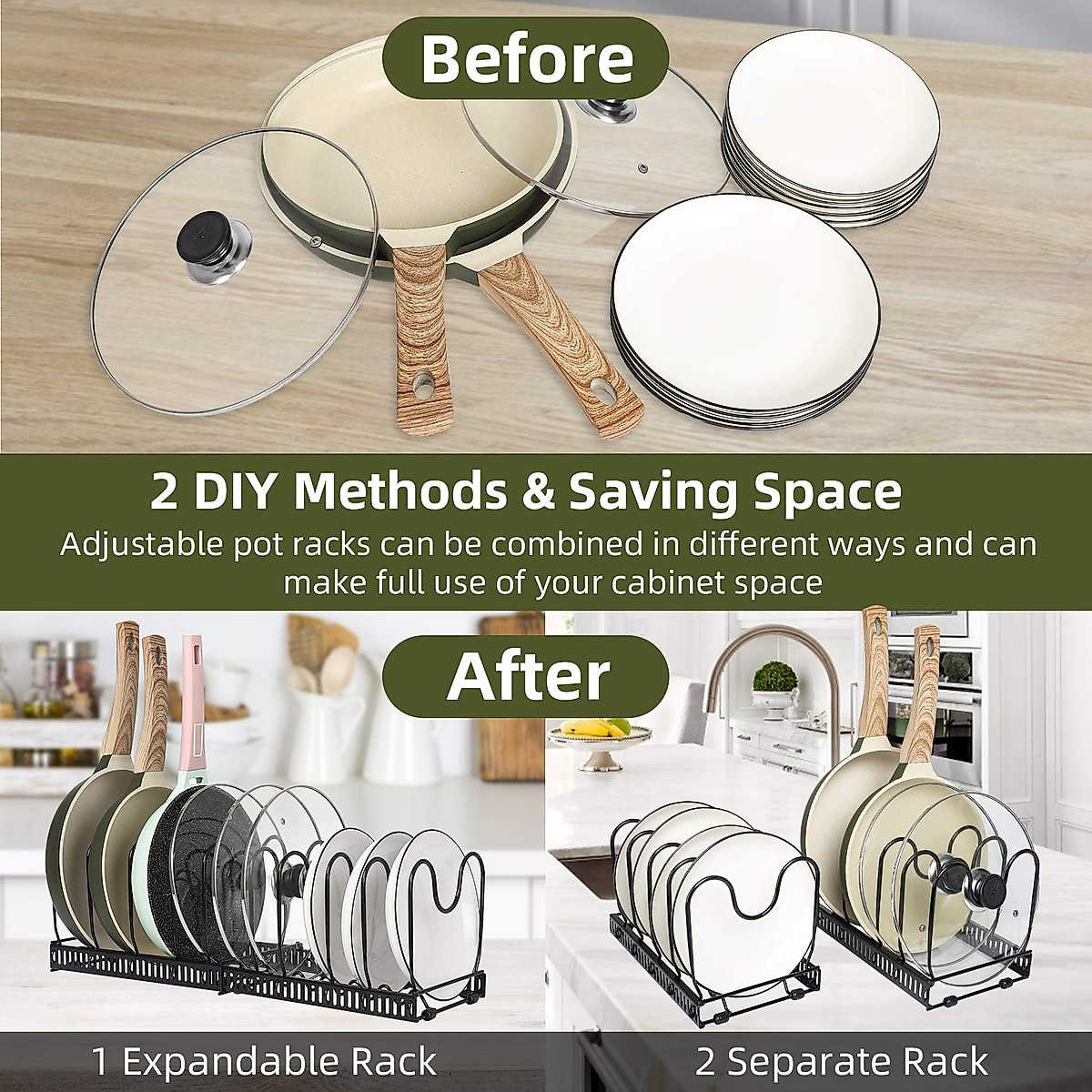 ROOHUA Pot Rack -Expandable Pan Organizer for Cabinet, Lid Holder with 10 Adjustable Compartment for Kitchen Cabinet Cookware Baking Frying Rack