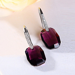 EleQueen 925 Sterling Silver CZ Rectangle Hook Drop Earrings Amethyst Color Made with Austrian Crystal for Women Girl, Valentine's Day/Mother's Day/Christmas Jewelry Gift for Girlfriend/Mom