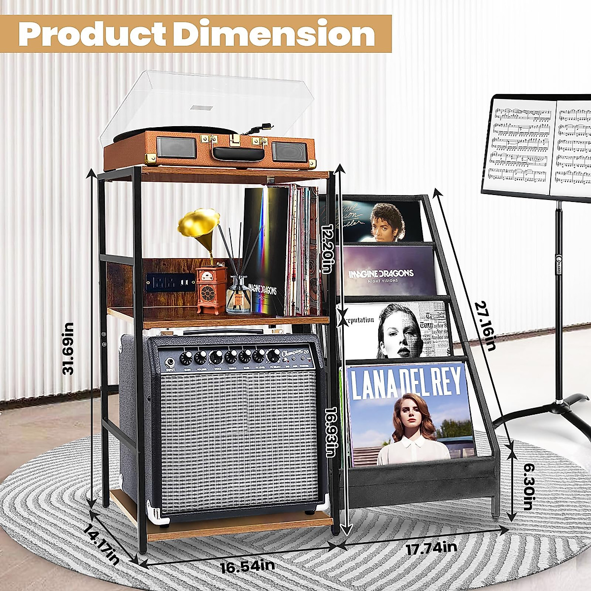 WEGOODLDER 3-Tier Vinyl Record Storage Stand with Built-in USB Ports and Power Outlets, Brown