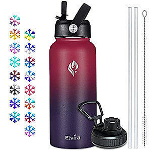 Elvira 32oz Vacuum Insulated Stainless Steel Water Bottle with Straw & Spout Lids, Double Wall Sweat-proof BPA Free to Keep Beverages Cold For 24Hrs or Hot For 12Hrs-Wine Red/Violet Gradient