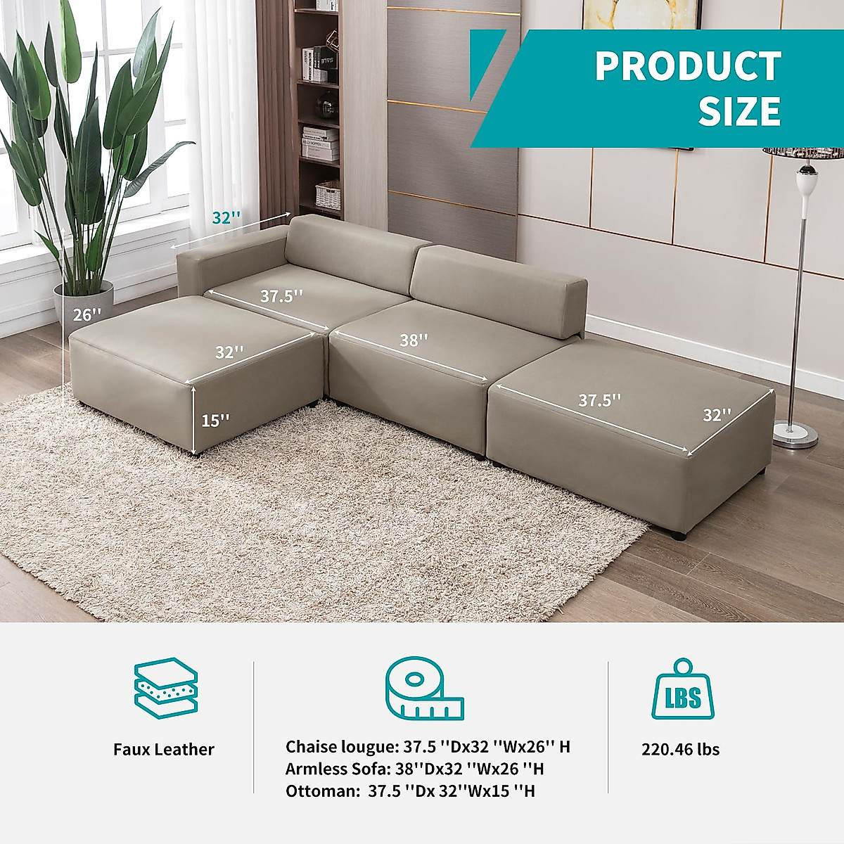 BALUS 113''Sectional Sofa L Shaped Sleeper of Convertible, Modular Sectional Sofa, Convertible Sectional Sofa with Ottoman for Living Room, W113*D64*H26, Beige