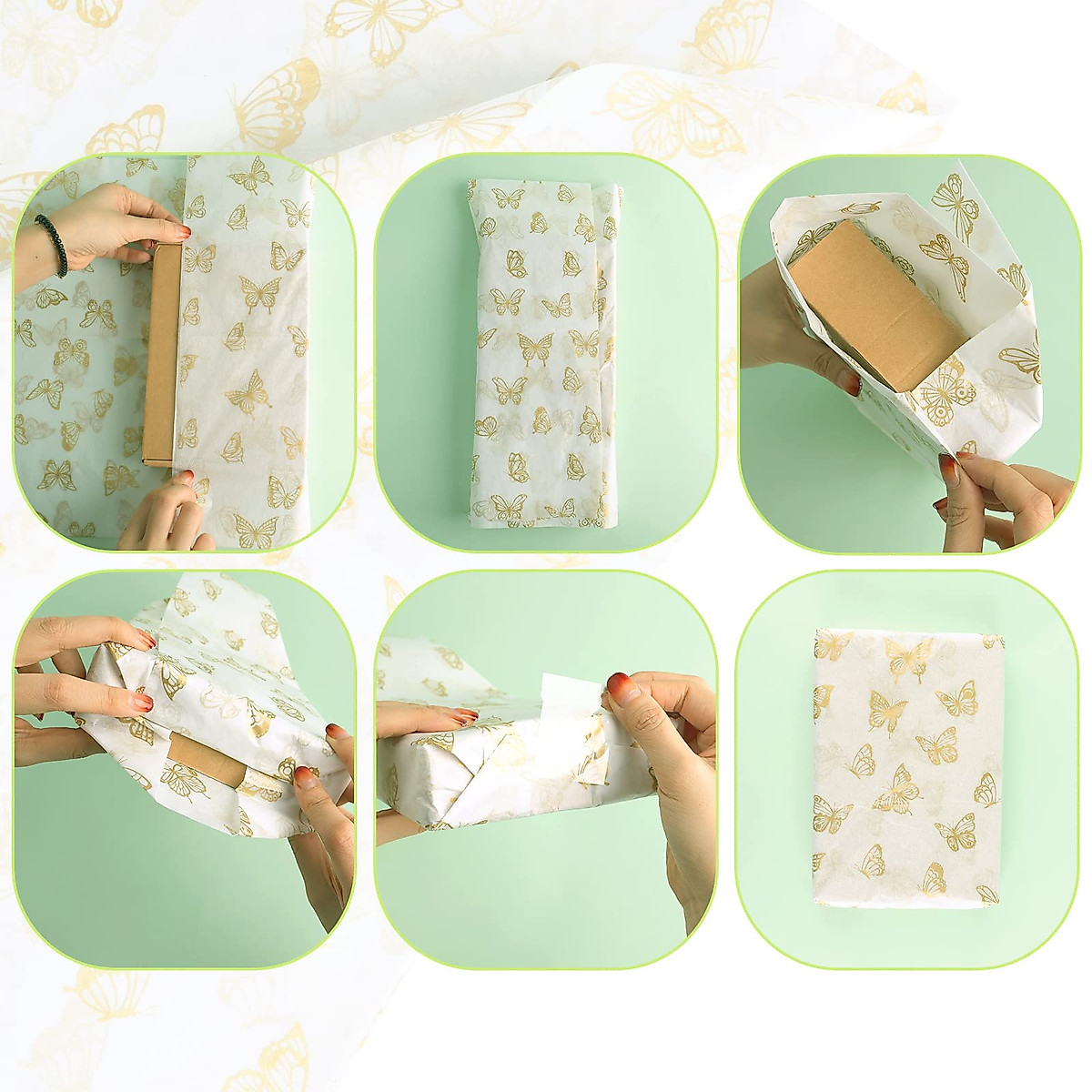 KINBOM 30Pcs 14x20inch Golden Butterfly Tissue Paper Sheets, Gold Wrapping Tissue Paper Bulk for Packaging for Christmas Wedding Birthday Party Baby Showers DIY Crafts Arts (White Background)