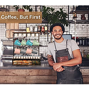 TQVAI Coffee Pods Drawer with Mug Hooks, 50 Capacity Coffee Pod Holder, Coffee Station Organizer for K Cups, Tea Bags, Espresso Capsule Coffee Creamer, Black/Archaize