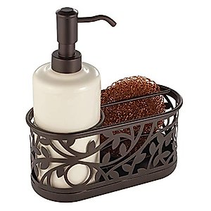 iDesign Ceramic Bathroom Soap Dispenser Set with Soap Pump and Caddy, The Vine Collection – 13oz, 7.25" x 3.25" x 8.25", Vanilla and Bronze
