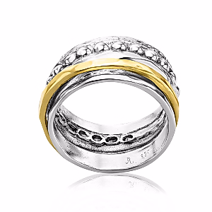 925 Sterling Silver/14K Gold Plated Silver Spinner Ring Unisex, Bold Hammered Beaded/Freshwater Pearl Floral Etched and Hammered, Oxidized, Hypoallergenic, Nickel Lead-free, Made in Israel (Size 5-11)