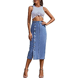 ELSTAROA Women's Casual High Waisted Solid Button Up Denim Jean Skirt Light Blue