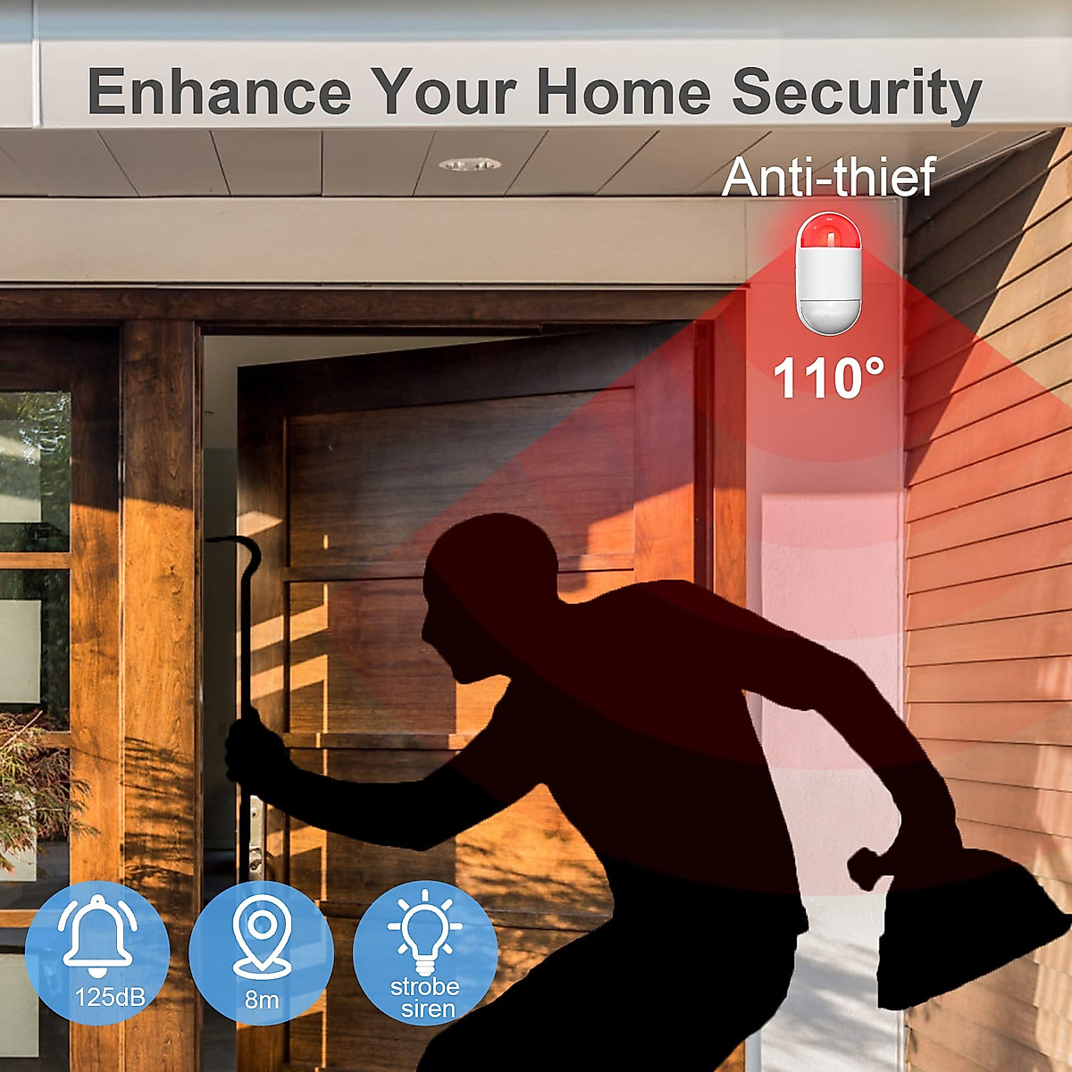 Motion Sensor Alarm, PIR Indoor Motion Detector with Siren, 125dB Motion Detector with Remote Control(White)