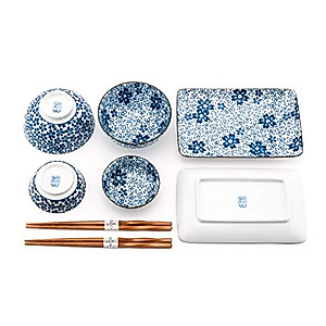 Fuji Merchandise Nippon Blue Sakura Cherry Blossoms Sushi Dinnerware 6pc Set for Two Including Plate Sauce Bowls and Rice Bowl with Chopsticks Made in Japan