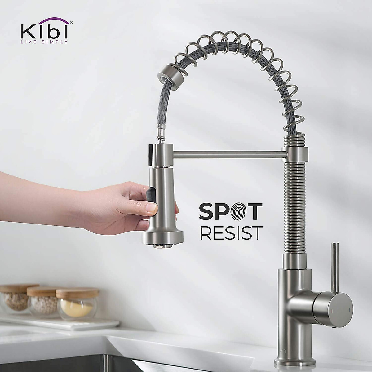 KIBI Aurora Single Handle Spring Pull Down Faucet for Kitchen Sink | Solid Brass High Arc Faucet Spout | Kitchen Faucet with Pull Down Sprayer (Brushed Nickel) (KKF2003) (Soap Dispenser included)