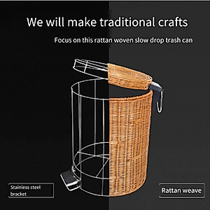 Round wicker dustbin with cover,hand woven foot type Trash Can,with Removable Inner Bucketseparated dustbin in office and living room, waste paper basket, slow-drop dustbin in kitchen and toilet