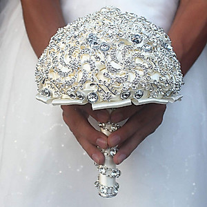 DOTKV Wedding Bouquet with Silver Luxury Artificial Diamond,Set Including Bouquets, Wrist Flowers,Corsage for Your Wedding with Full Hand-Made (Silver+Ivory)