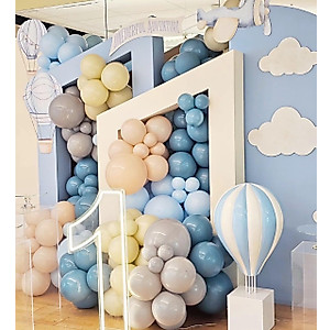 Enanal Up Up and Away Balloon Garland Arch Kit, 152pcs Dusty Slate Fog Baby Blue and Sand White Balloons with Hot Air Balloon and Cloud Foil Balloons for Baby Shower Decoration Teddy Themed Party