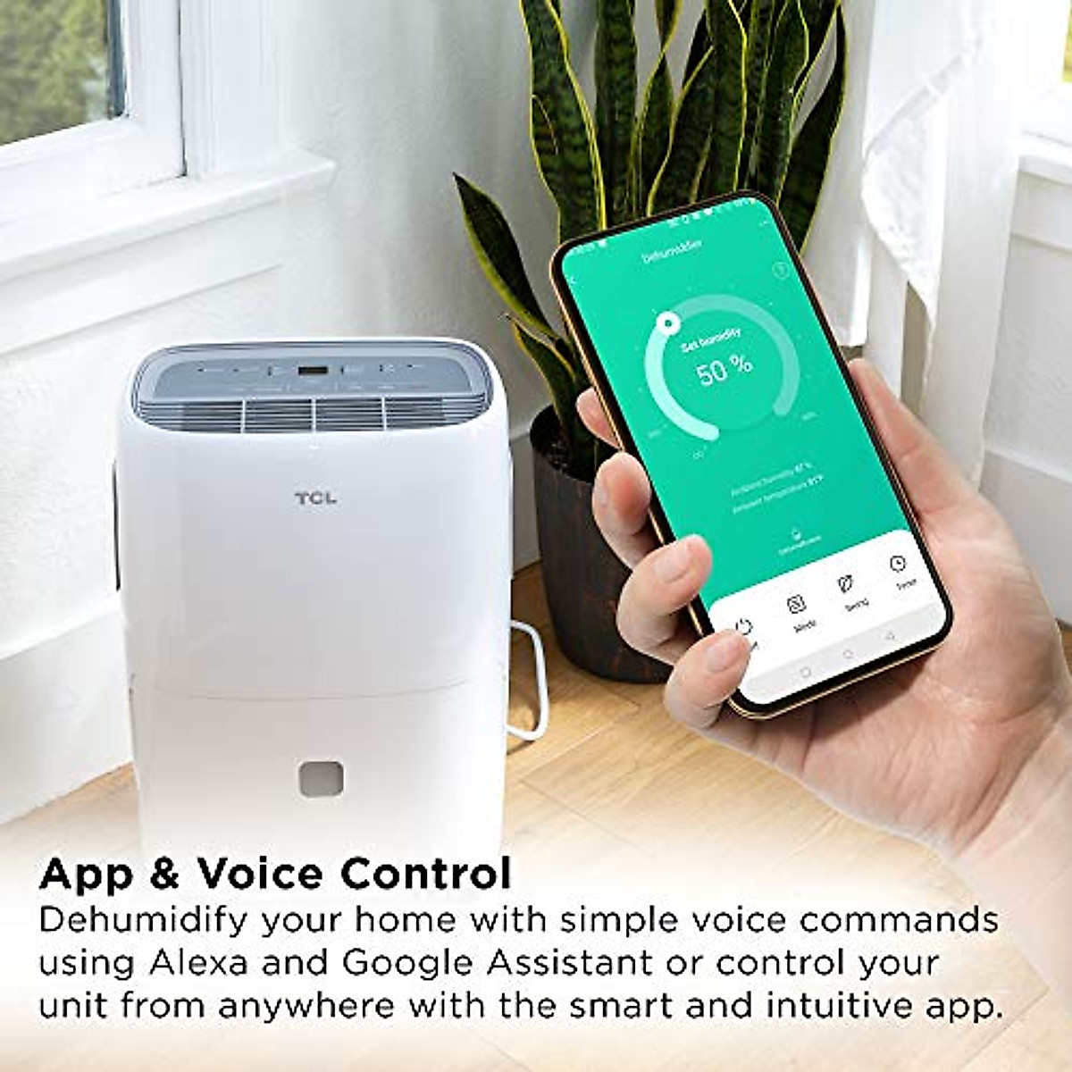 TCL Home Smart 50 Pint Dehumidifier, 4,500 Sq. Ft, App & Voice Control, Set Up in Minutes, Easy Maintenance, Basements, Bedrooms (50D91), White