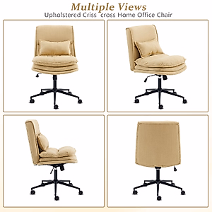 Bonnlo Criss Cross Chair with Wheels,18” Height Adjustable Full Back, Comfy Wide Armless Office Desk Chair,Swivel Cute Vanity Home Chair, Home Chair for Make up,Living Room, Fabric,Yellow