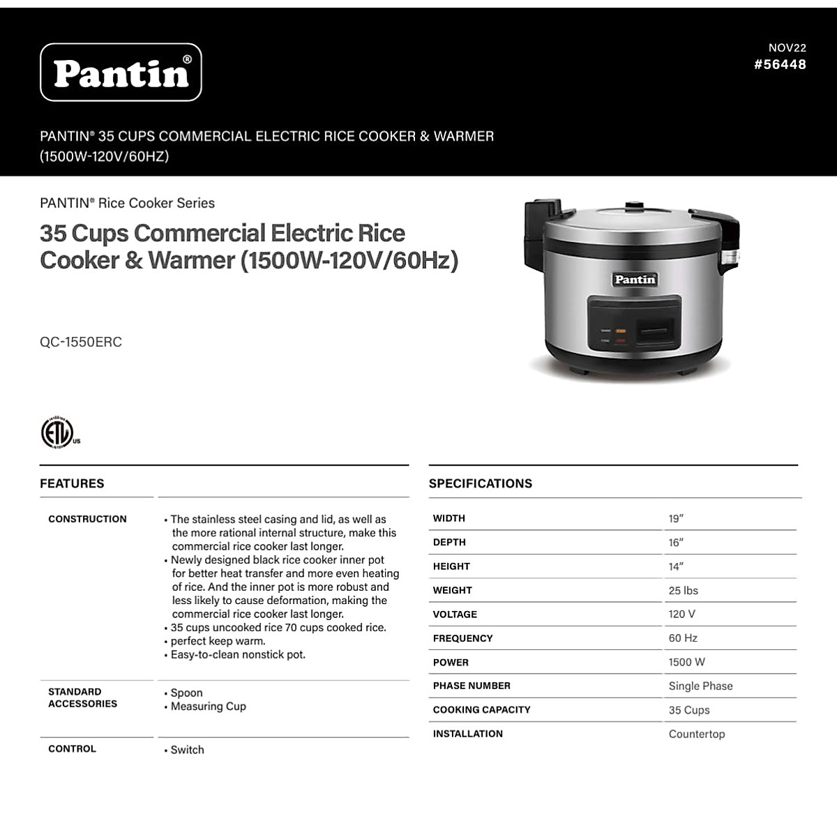 Commercial Rice Cooker Large Capacity Rice Cooker & Rice Warmer - Extra Large Rice Cooker 35 Cups Raw / 70 Cups Cooked Big Rice Cooker 35 Cups Raw Rice Cooker 70 Cups Cooked 120V/1500W, ETL Listed