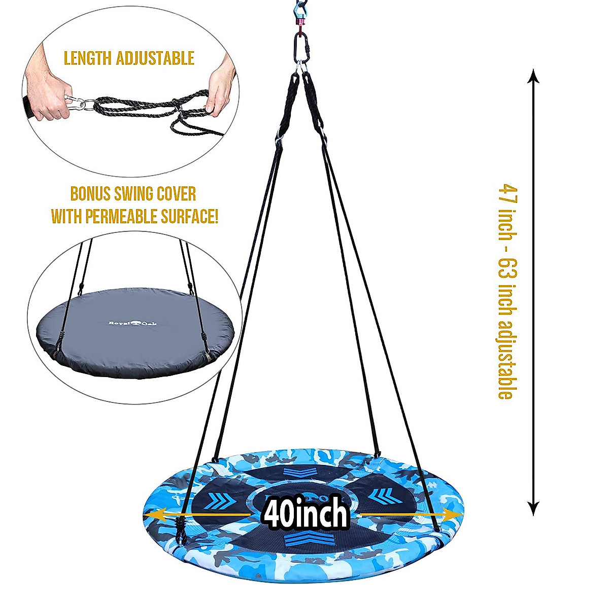 Royal Oak Saucer Tree Swing,Giant 40 Inches with Carabiners and Flags, Heavy duty 1680D Oxford Fabric,700 lb Weight Capacity, Steel Frame,Waterproof, Easy Install Step by Step Instructions (Camo Blue)