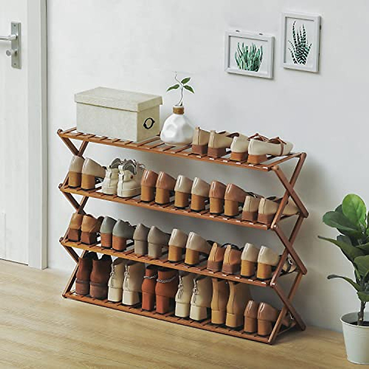 MoNiBloom Folding Shoe Stand, Bamboo Stackable Shoes Shelf Storage Organize for 21-25 Pairs Installation-Free for Entryway, Hallway Bedroom, Brown