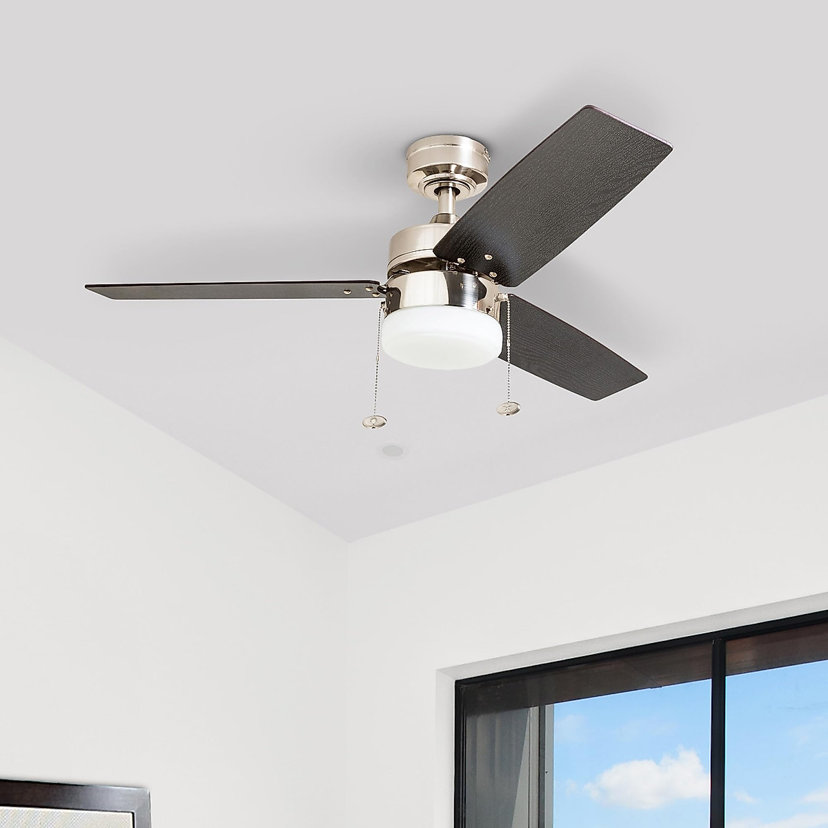 Prominence Home Reston, 42 Inch Modern Farmhouse LED Ceiling Fan with Light, Pull Chain, Dual Mounting Options, Dual Finish Blades, Reversible Motor - 51014-01 (Brushed Nickel)
