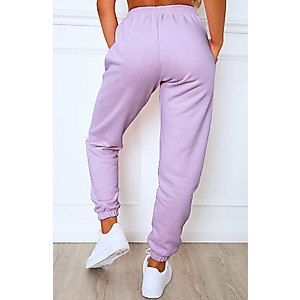 Waitfairy Women's High Waisted Sweatpants Cinch Bottom Jogger Pants with Pockets for Teen Girls Light Purple L