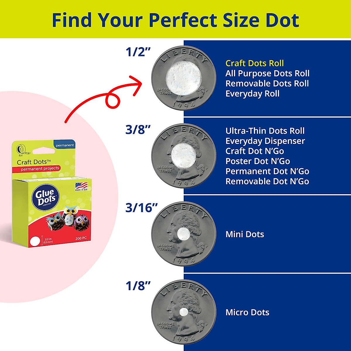 Glue Dots, Clear, Double-Sided Craft Dots, 1/2, Roll of 200 (08165E)